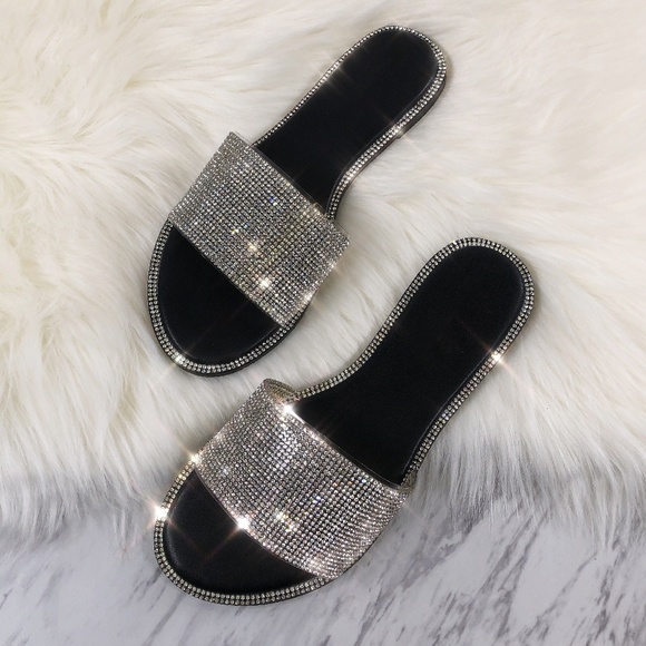 Shoes | Black Rhinestone Bling Flat Sandals Slides | Poshmark